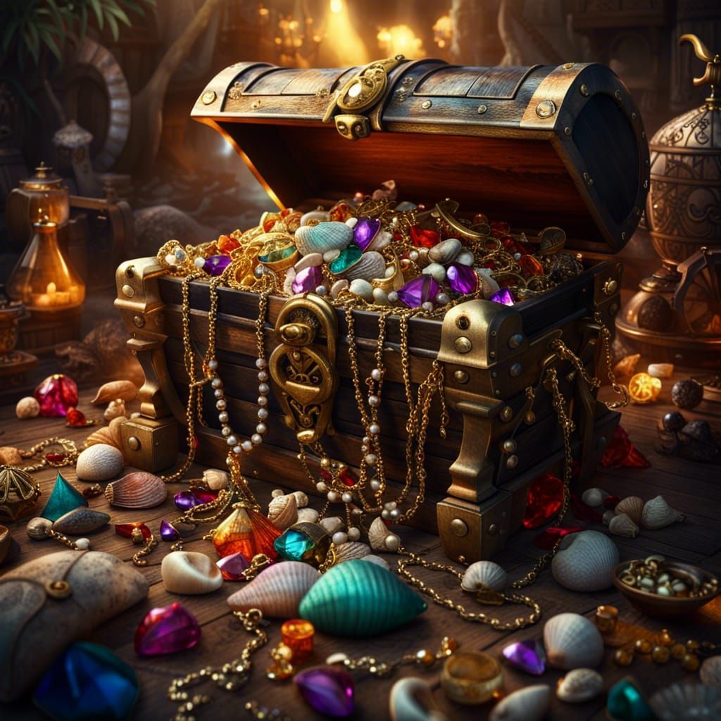 Pirate treasure chest with the lid open, full of jewels, jewellery ...