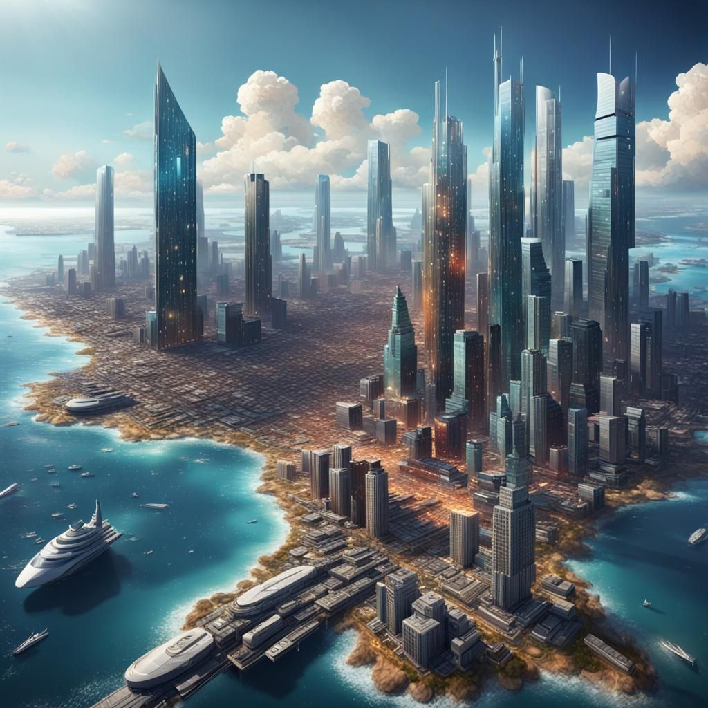 Expansive high tech city on plateau surrounded and isolated by ocean ...