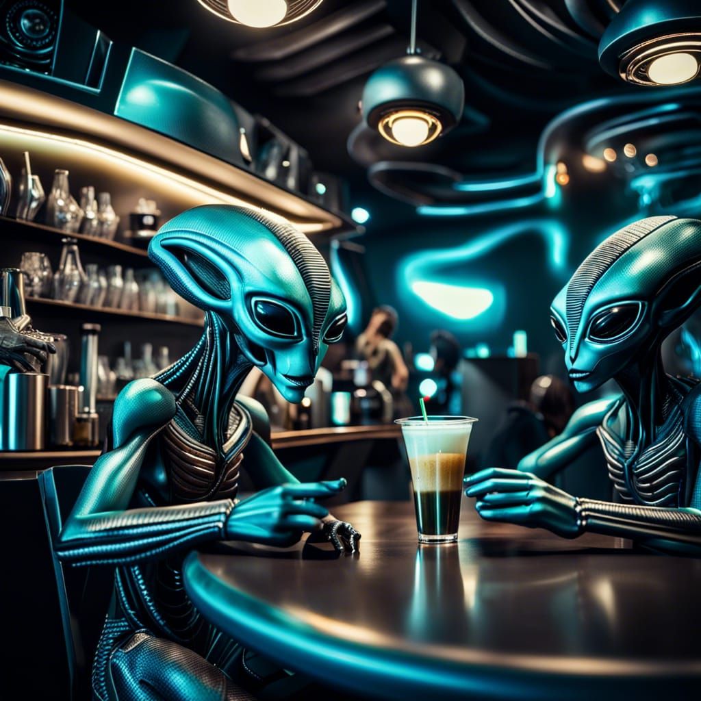 Inside a futuristic coffe shop, we see a lot of different aliens ...
