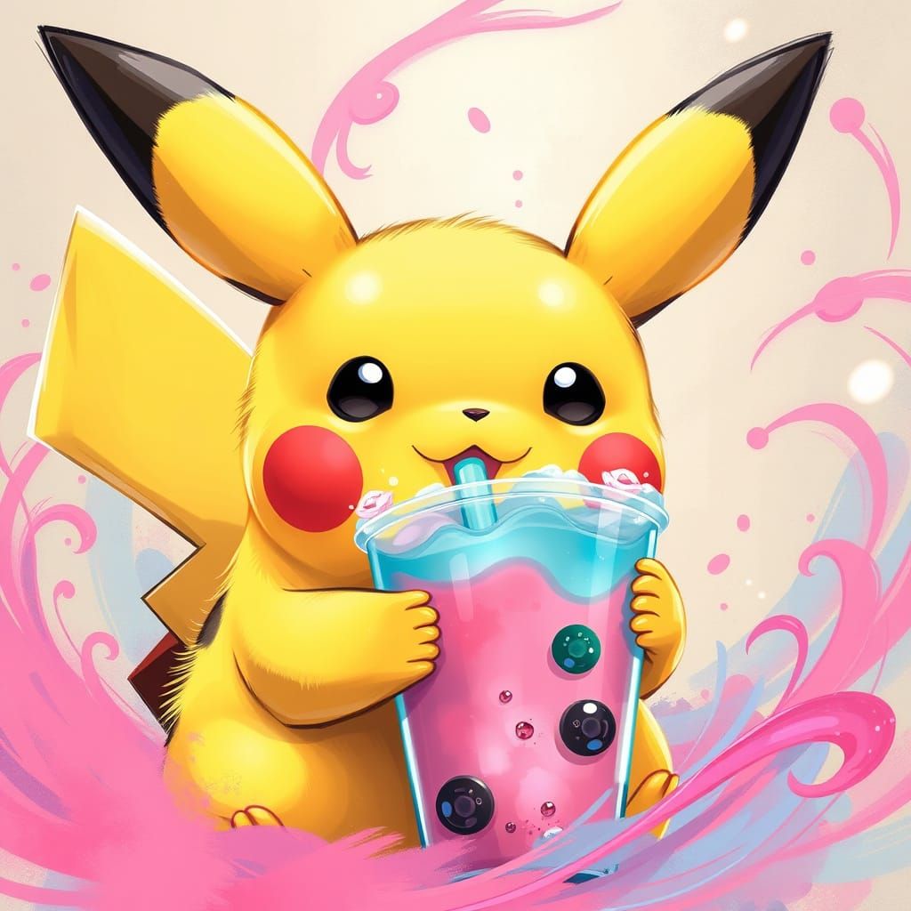 Pikachu in Anime-Inspired Boba Scene - AI Art