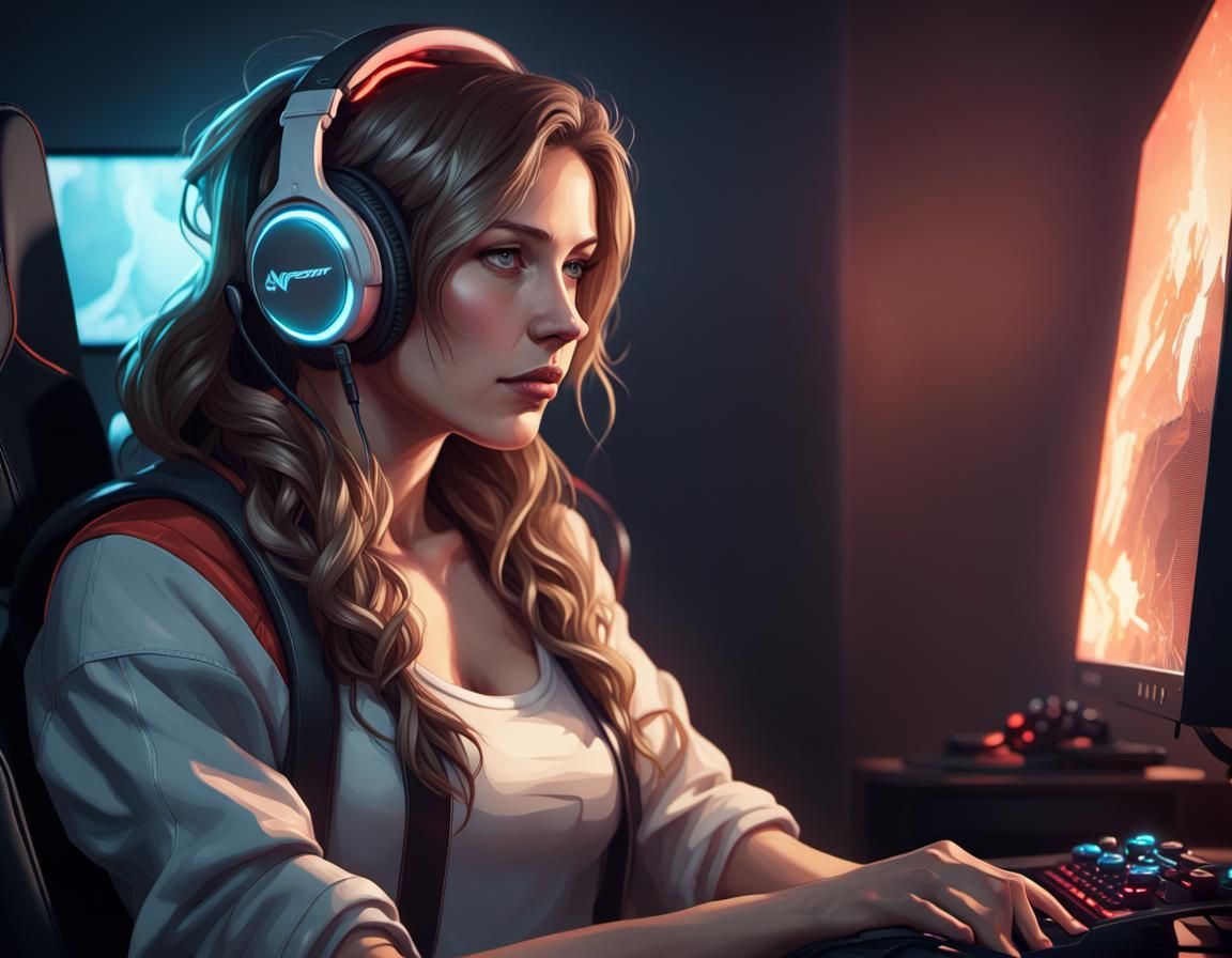 Gamer Girl Focused on a Gaming Session - AI Generated Artwork ...