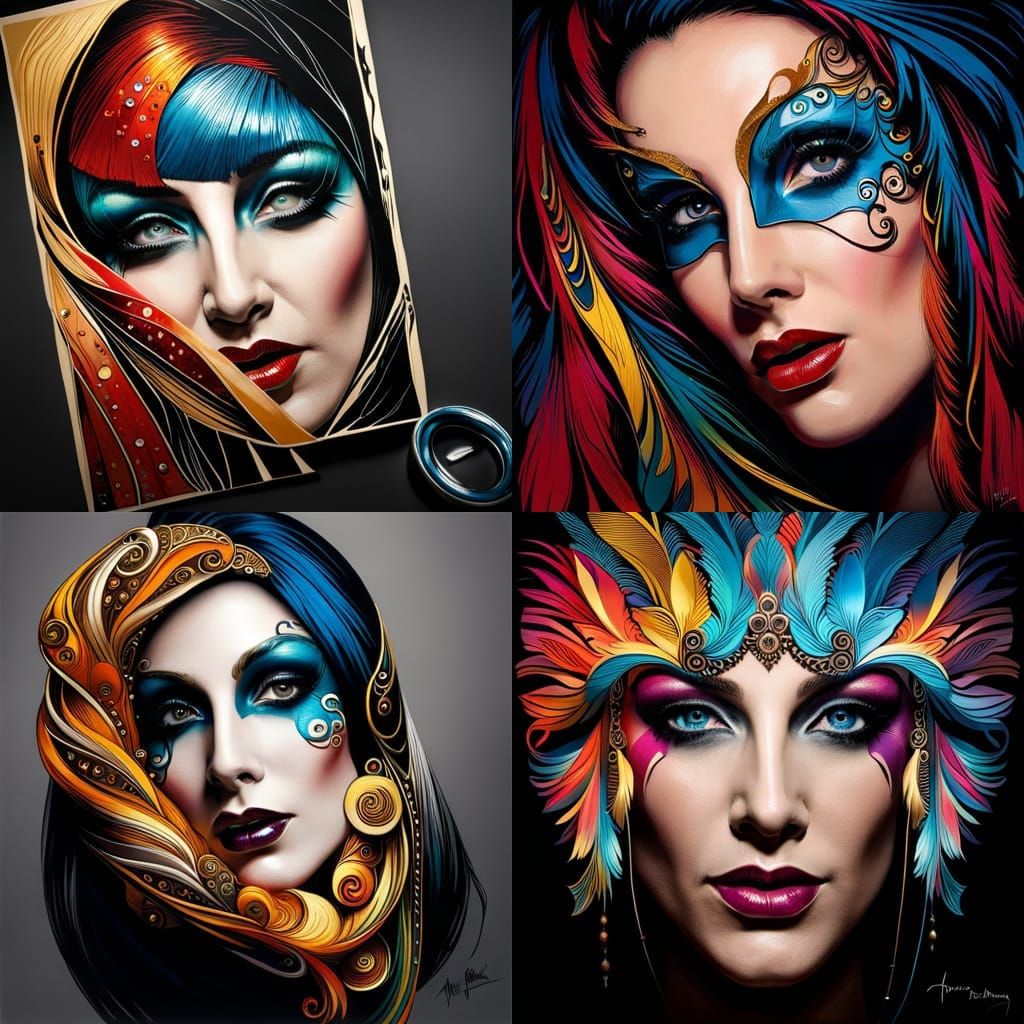 Cher: masquerade mask!! Portrait: colorful ink flow: 8k resolution ...