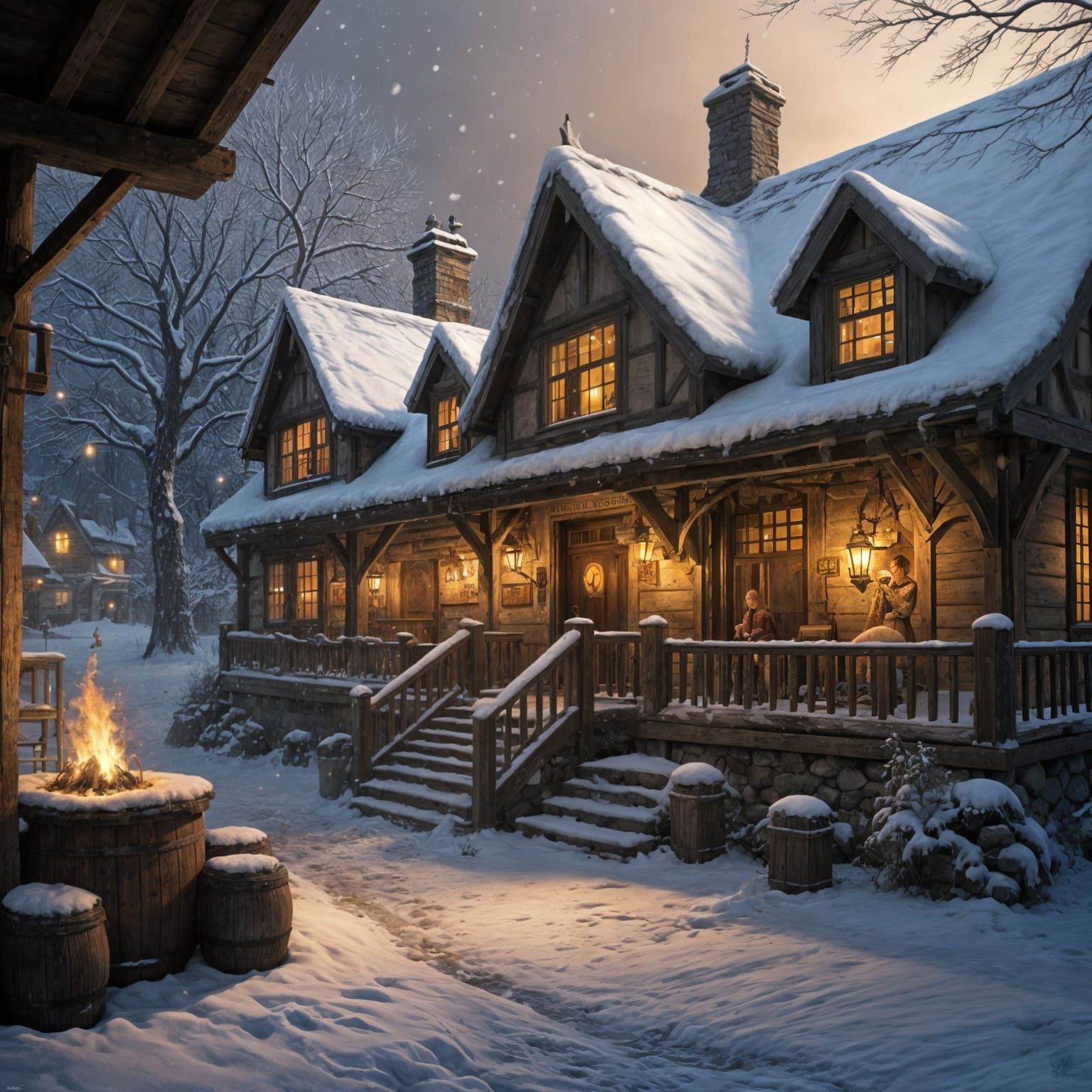 Night after snowfall - Midnight Revelry in a Snowy Tavern