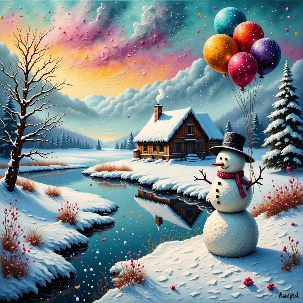 Snowman 🧡 - Surreal Winter Scene with Snowman and Cozy Cabi...