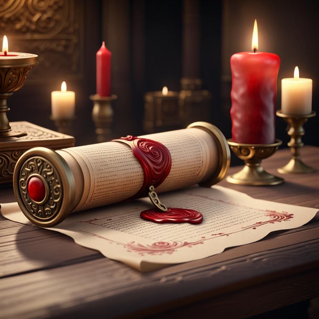 An ancient scroll with a red wax seal on it, sitting on a wooden table ...