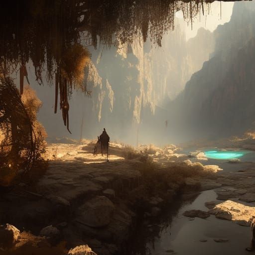 desert canyon camp with springs and waterfall fantasy a masterpiece, 8k ...