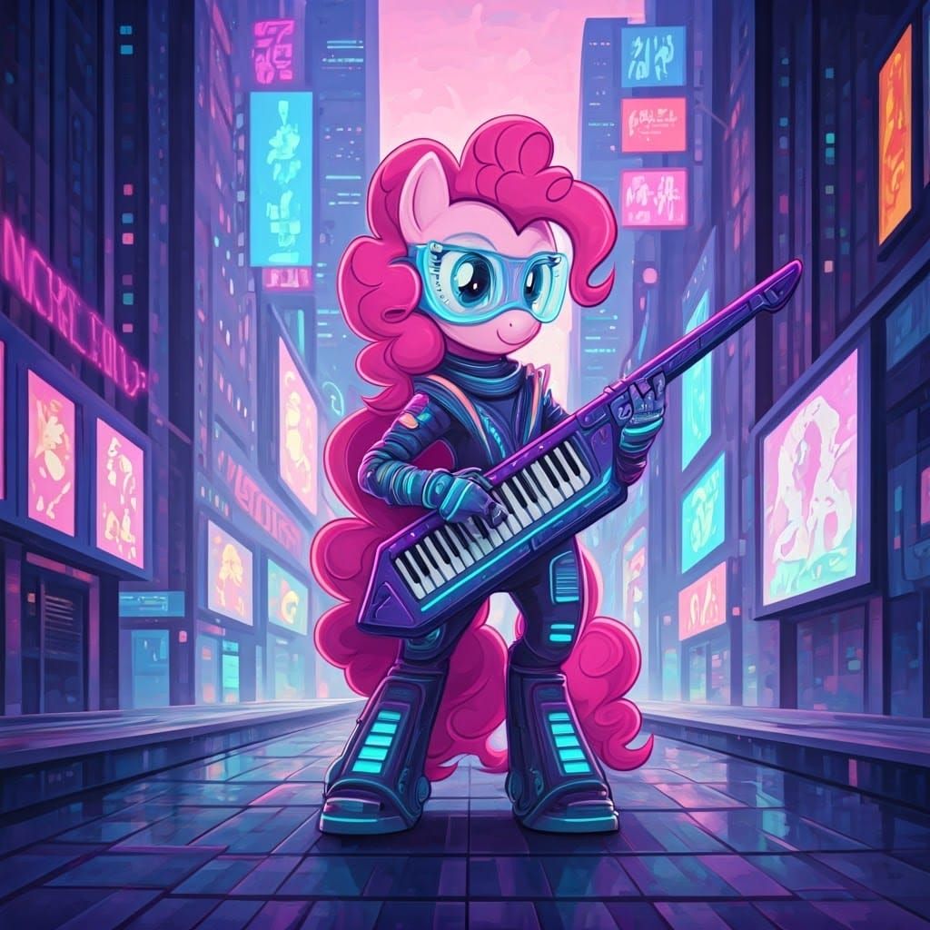 Cyberpunk Pinkie Pie Ninja in Futuristic Cityscape - AI Art