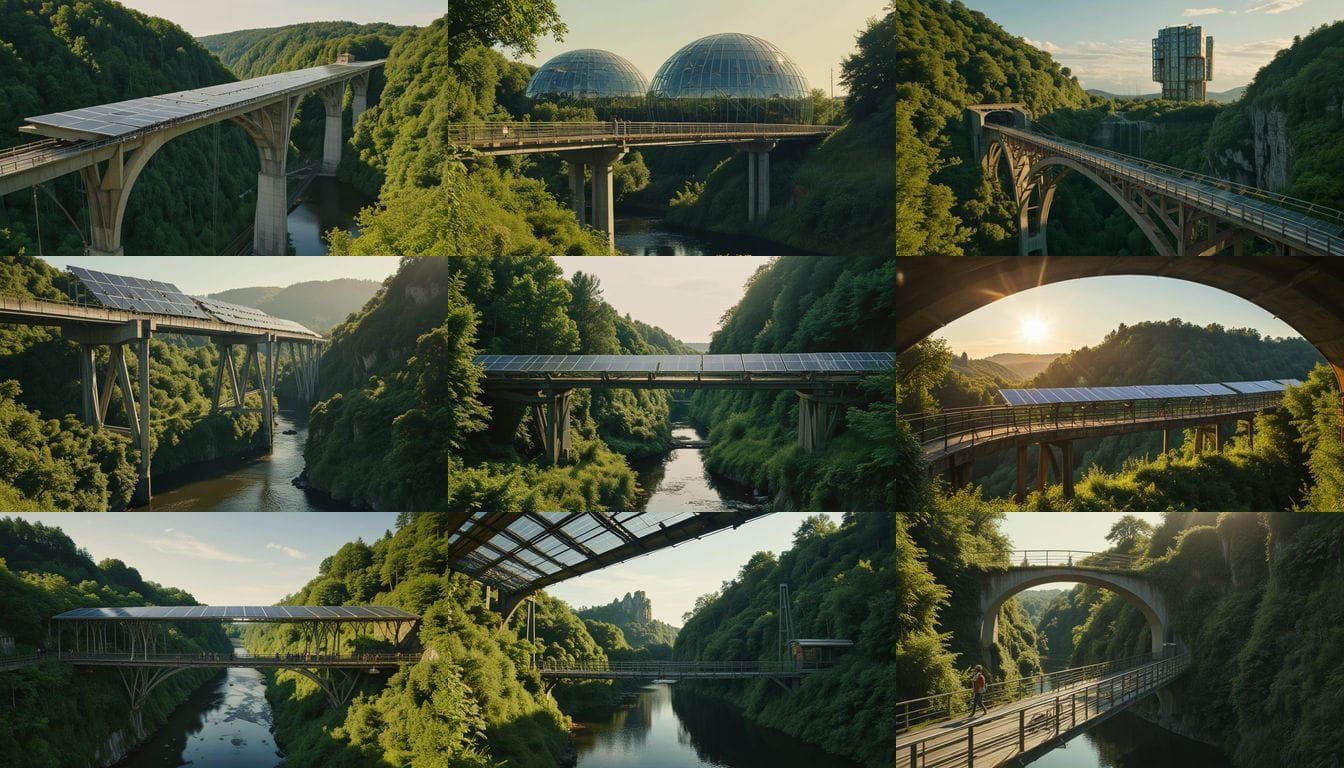 Innovative solarpunk structures from a bridge surrounded by lush ...