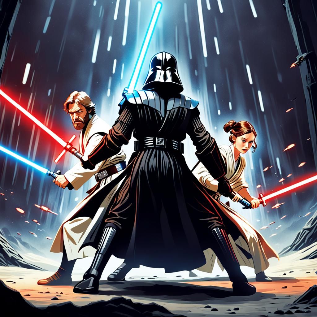 Obi wan and leia vs dart vade, Battle of light saber - AI Generated ...