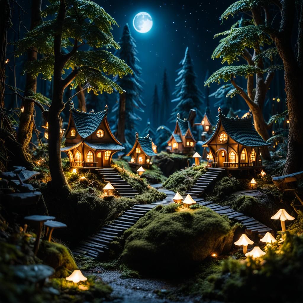 Miniature elf city in the forest, light, shadow, night, stars ...