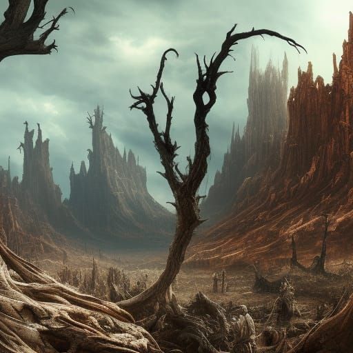 Cinematic fantasy landscape, dark desert, decaying trees, amazingly ...