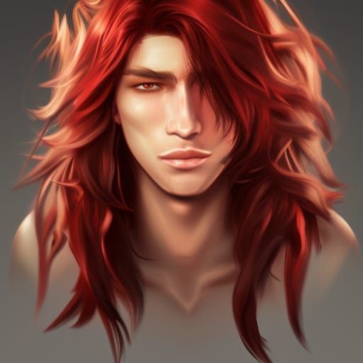 19 year old man, long dark red hair, shining red eyes, slightly tanned ...