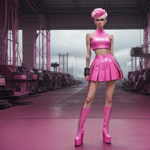 skinny punk girl, mohawk hair cut, wearing pink girly crop top, pink ...
