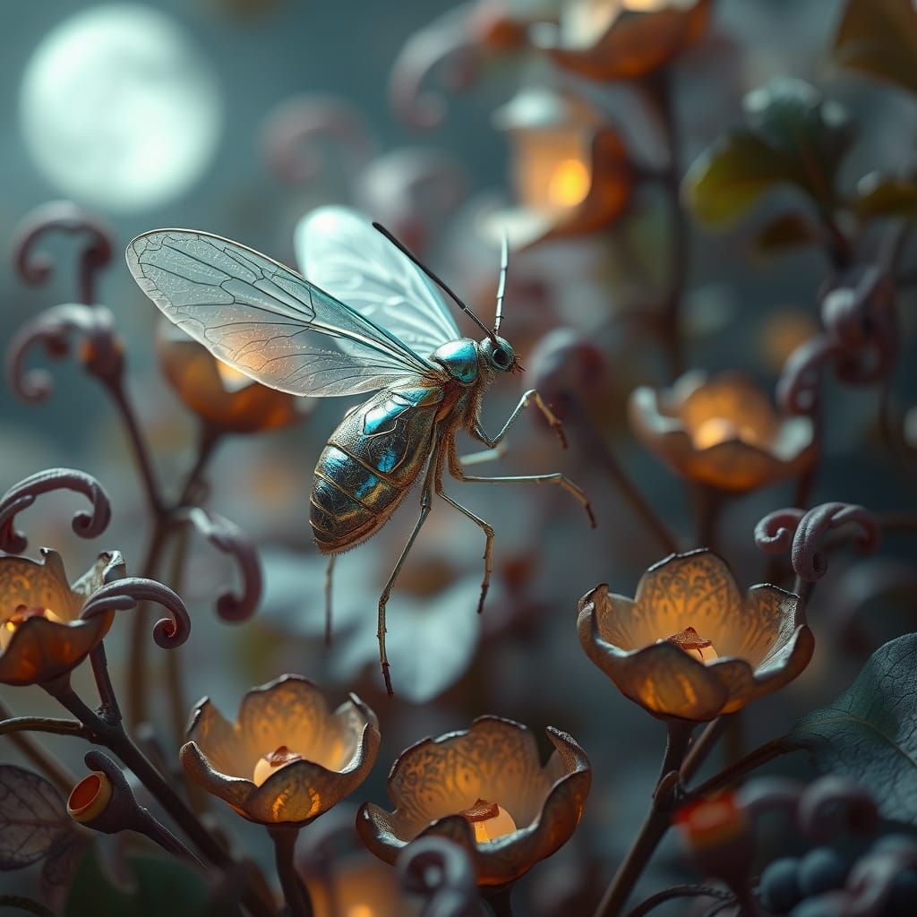 Surreal Bug Amidst Haute Couture Dreamscape in Moo... - AI Art