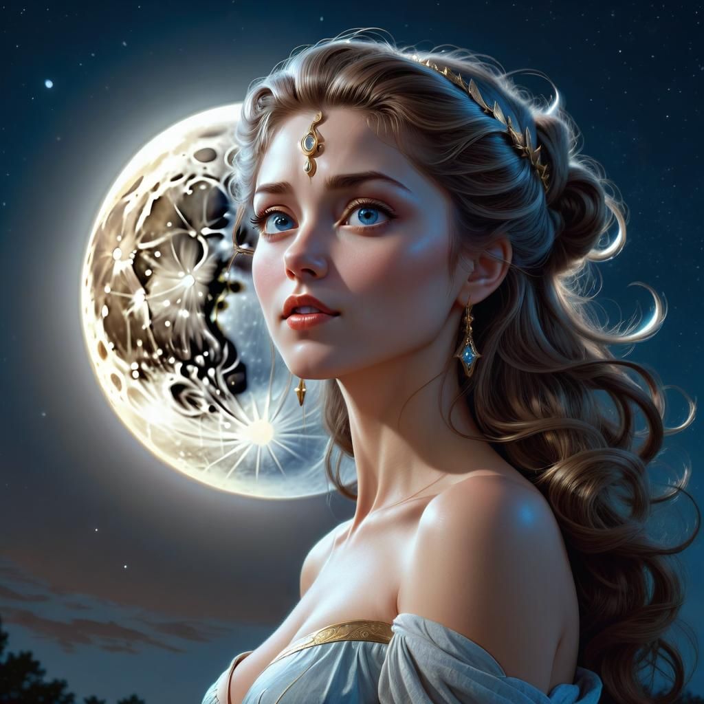 A PORTRAIT OF A beautiful moon goddess in the moonlight , perfect ...