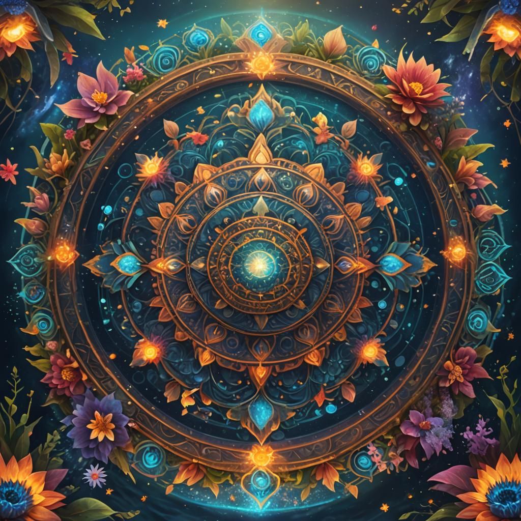 water mandala with shamanic spirit vibrant illuminated space and starlight above and flowers ...