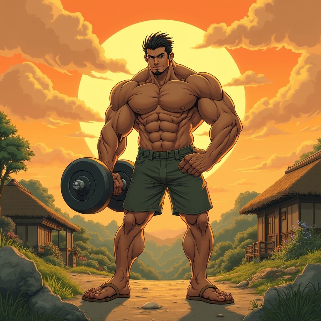 Heroic Bodybuilder in Whimsical Ghibli Landscape - AI Art