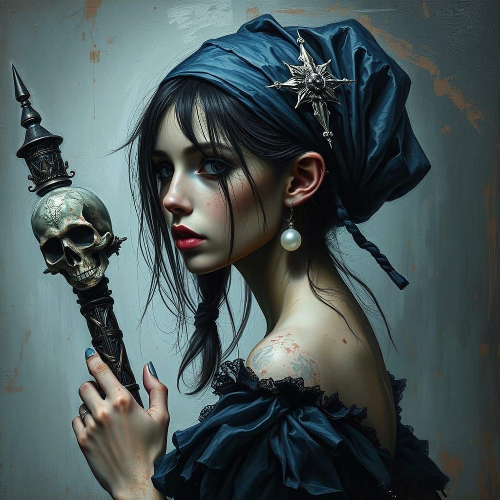 Goth girl in pearl earring, oil impasto painting b... - AI Art