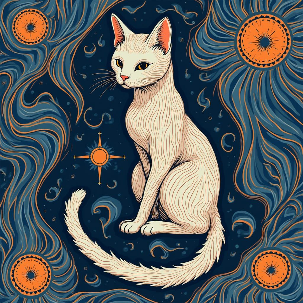 Stellar Cat - Stylized Feline Goddess in Swirling Blue Orang...