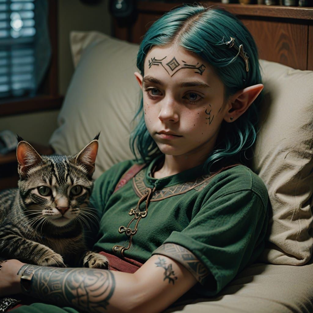 Ethereal Female Elf Slumbers with Feline Companion... - AI Art
