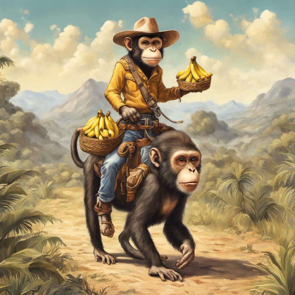 A monkey riding a monkey and carrying a bunch of bananas, cowboy attire ...