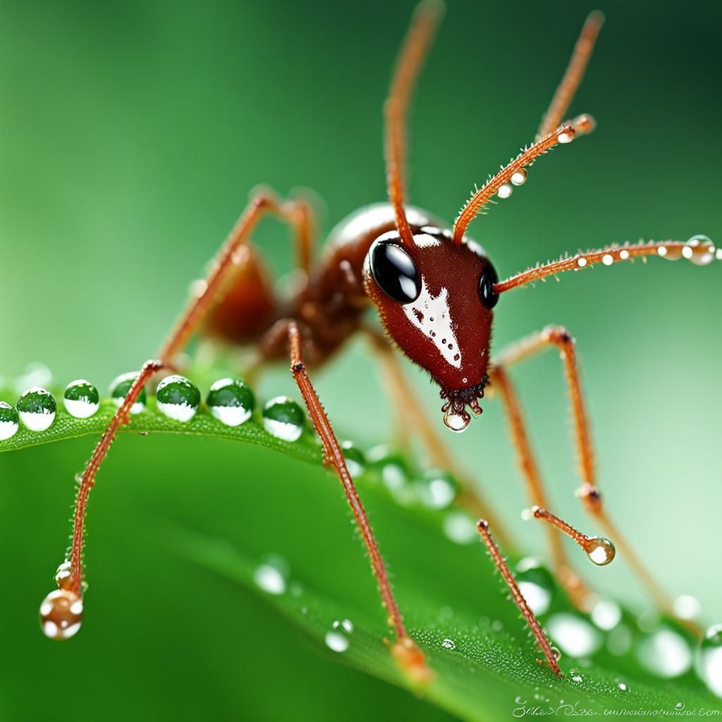 Ant with dew drops - AI Generated Artwork - NightCafe Creator