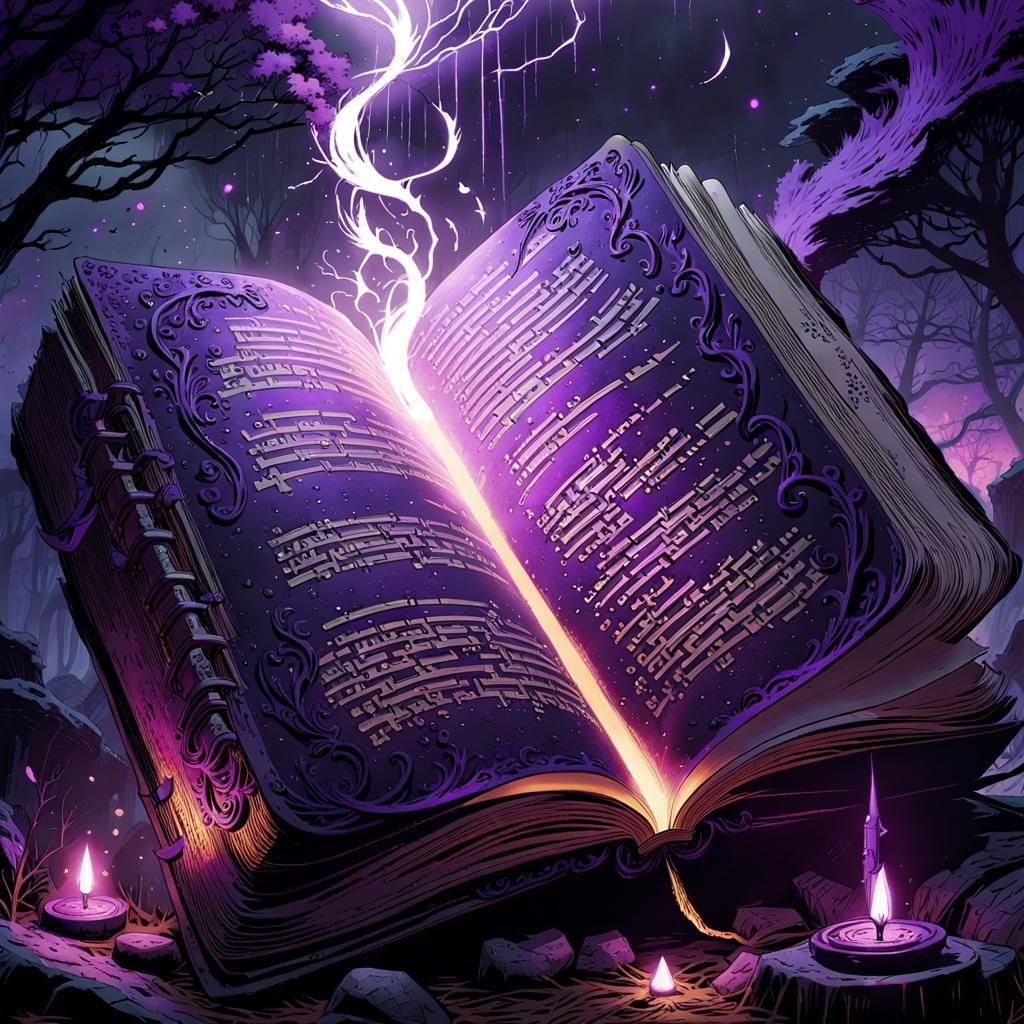 Fantasy art!!!! centered deep purple opened spellbook with glowing ...