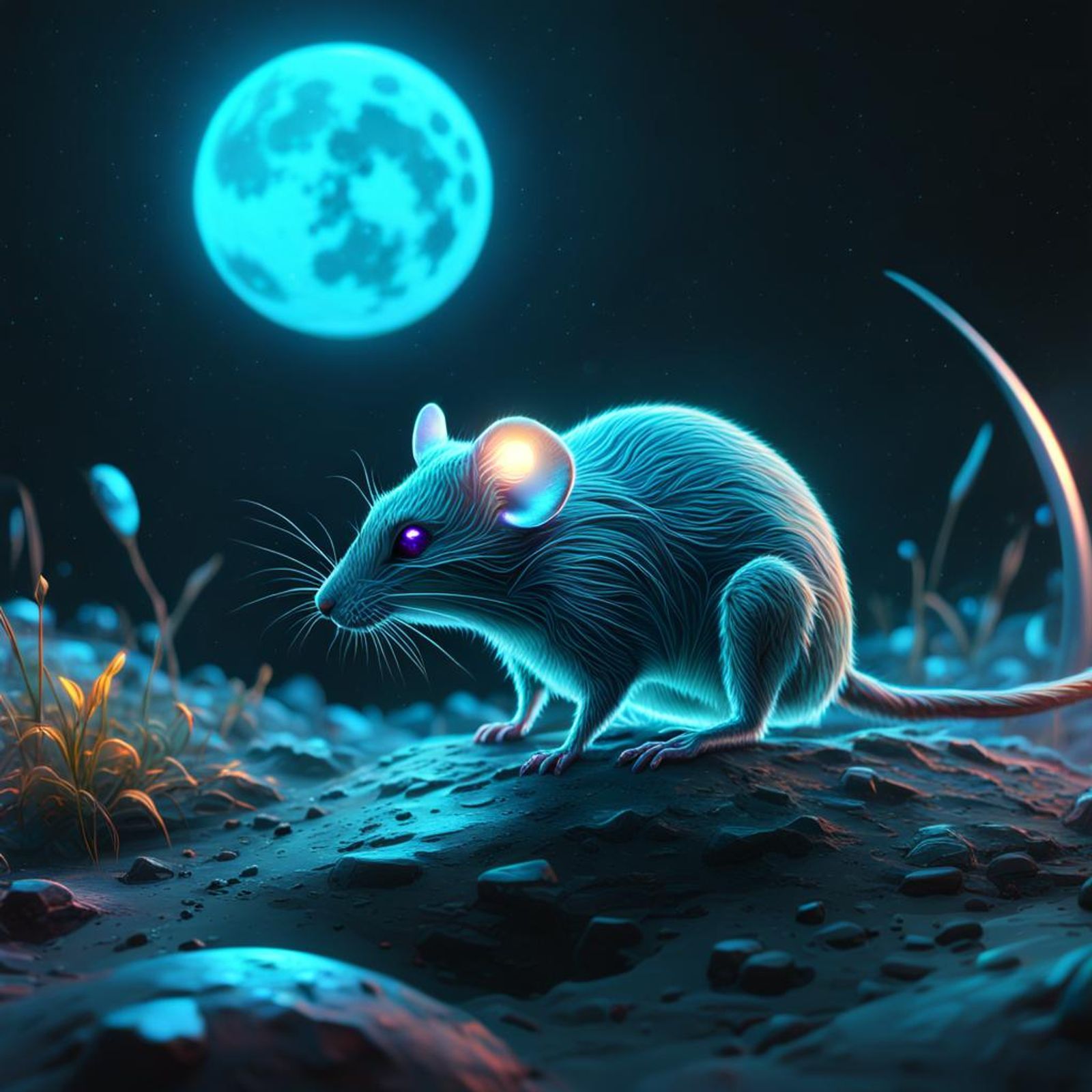 Hologram of neon mouse on translucent moon surface in a dark background ...