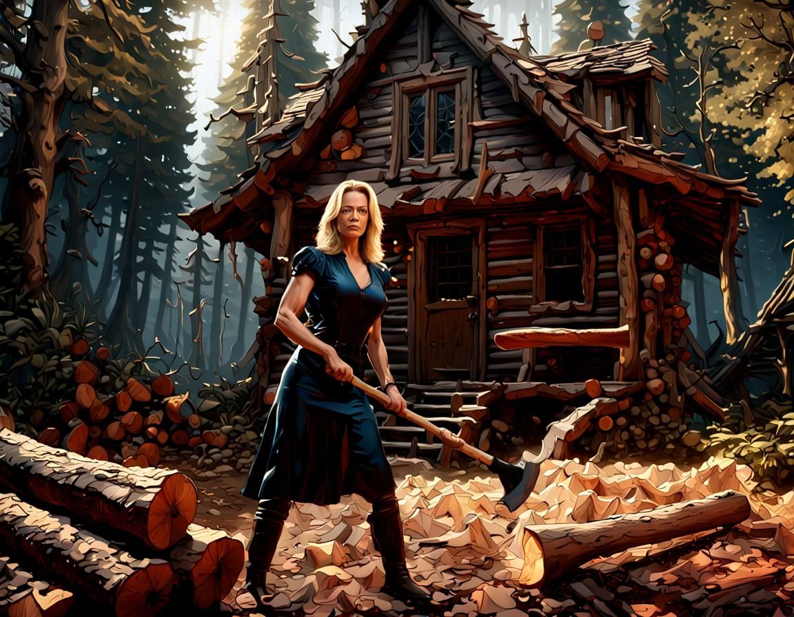 Jeri Ryan chopping firewood - AI Generated Artwork - NightCafe Creator