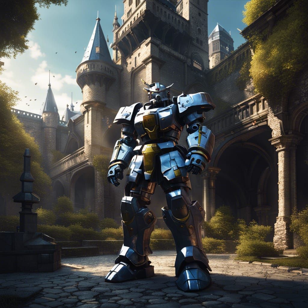 Gundam style power armour standing in courtyard of medieval castle, a ...