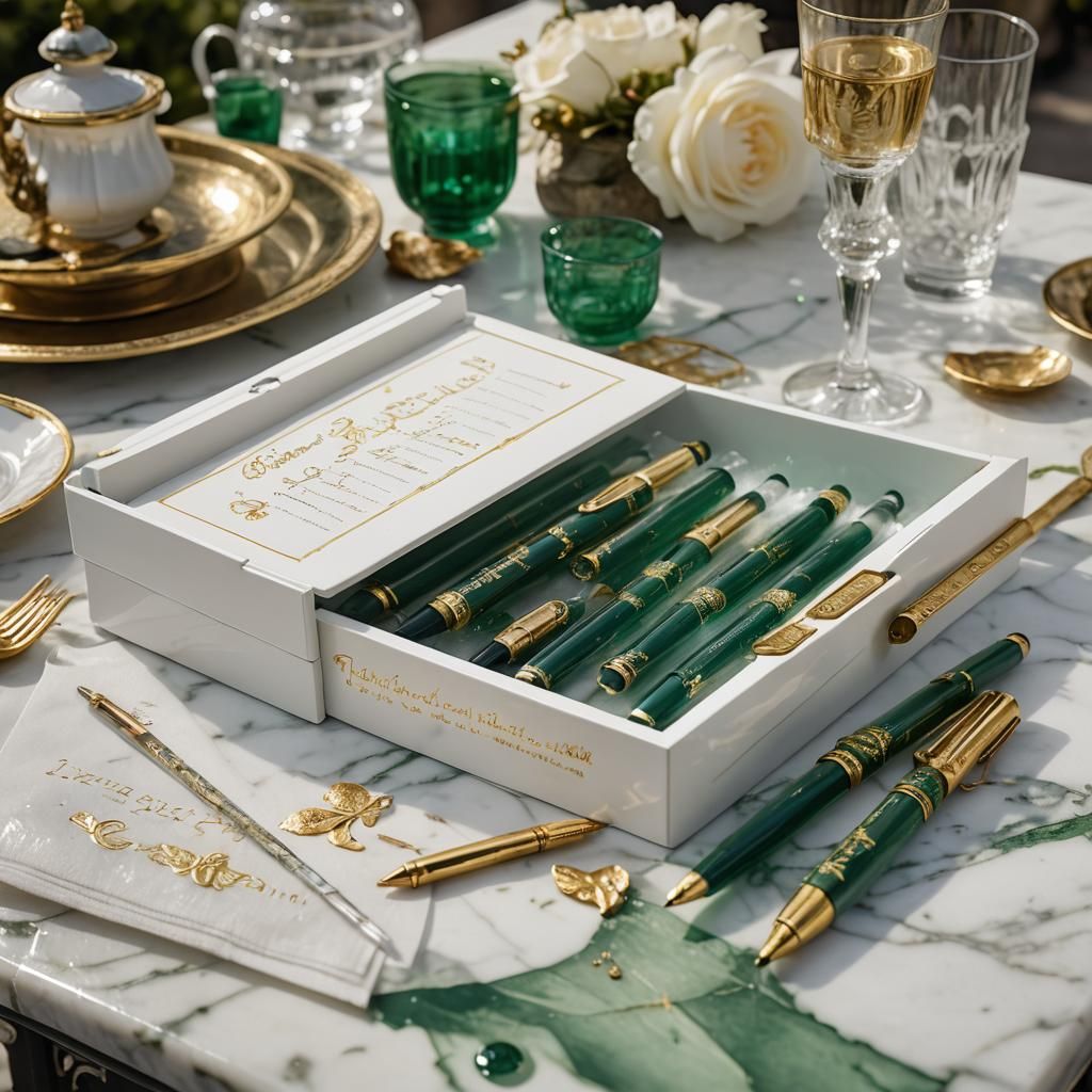 Clear glass pens seeping out of a fancy white box with golden ...