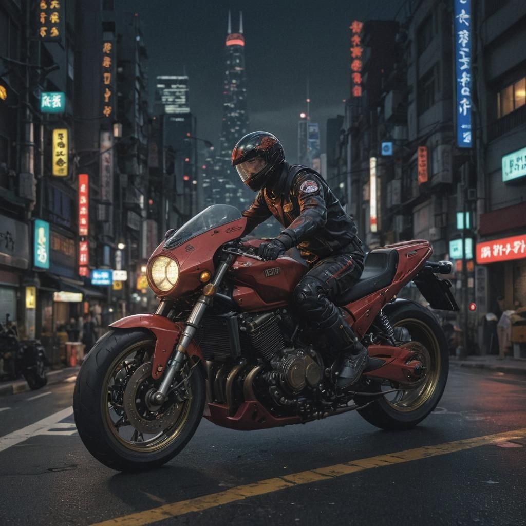 Akira-inspired motorcycle under glistening lights of neo-Tokyo ...