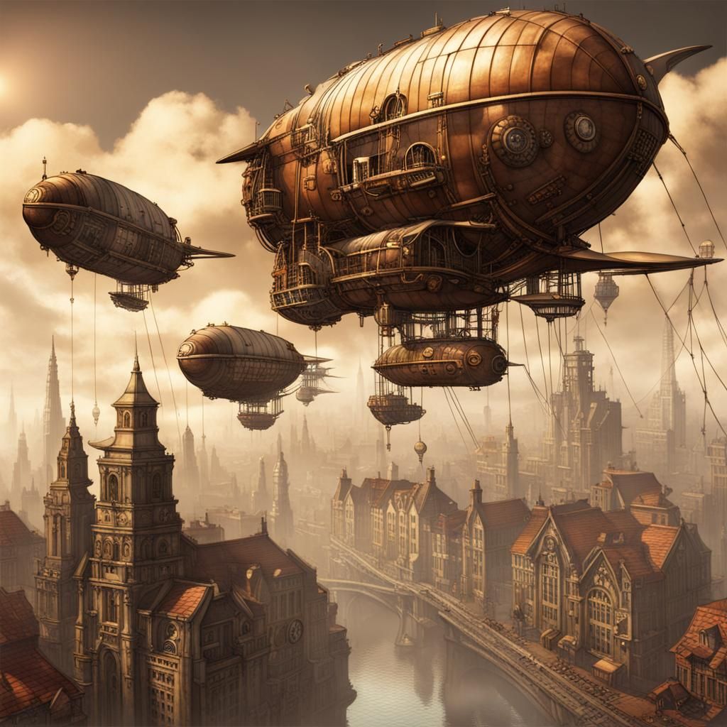 steampunk cityscape with airships - AI Generated Artwork - NightCafe Creator