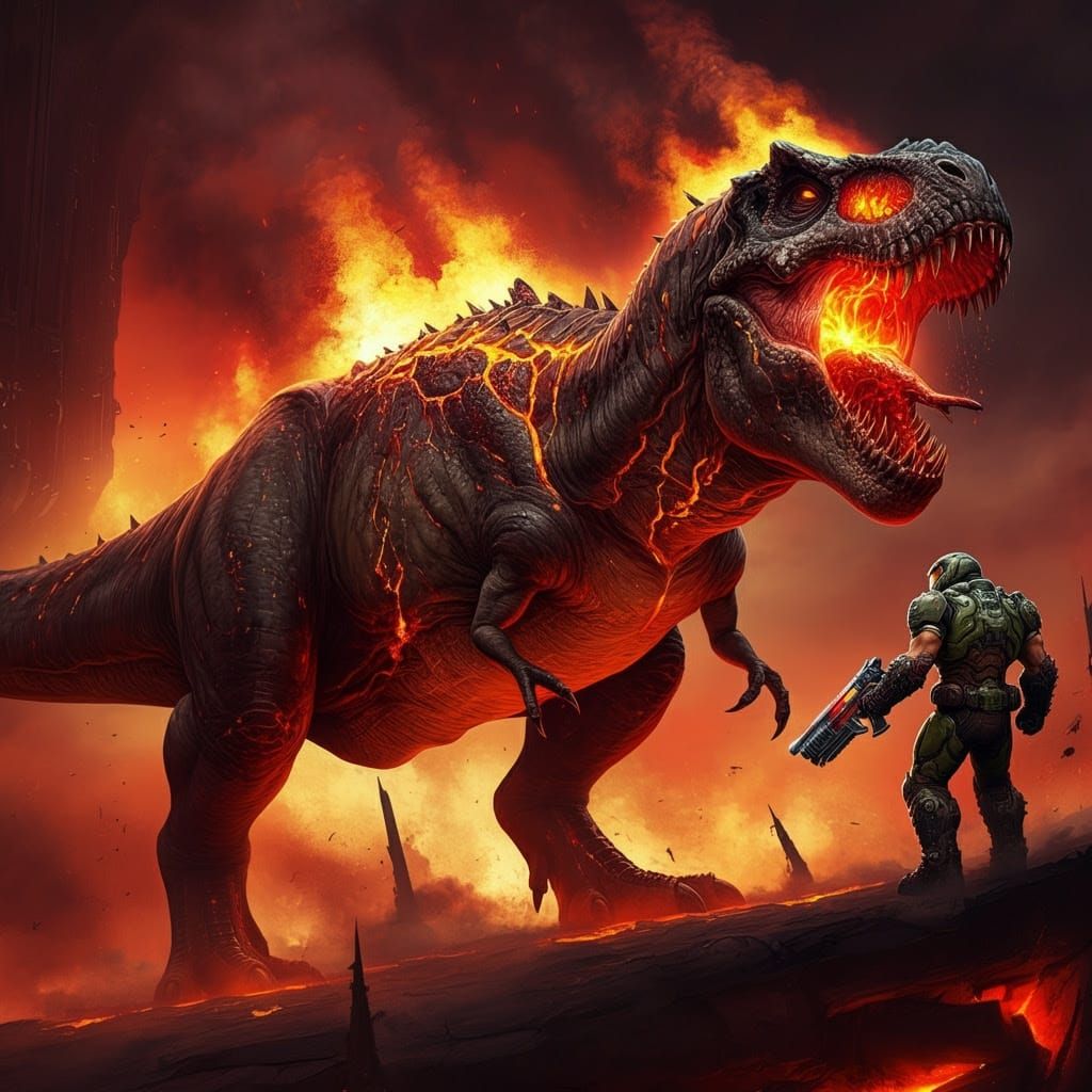 Demonic T-Rex Confronts Doom Slayer in Hellish Bat... - AI Art