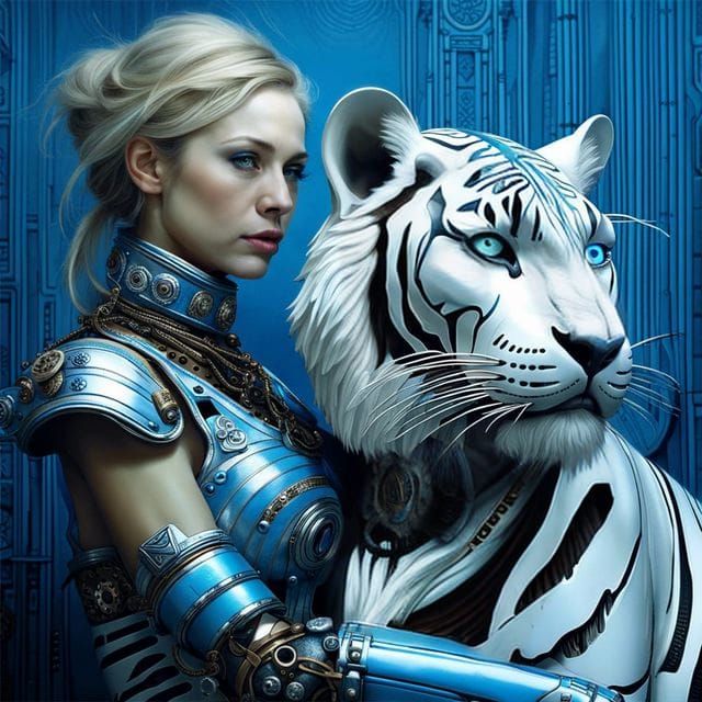 Biomenchanical white tiger and his owner - AI Generated Artwork ...