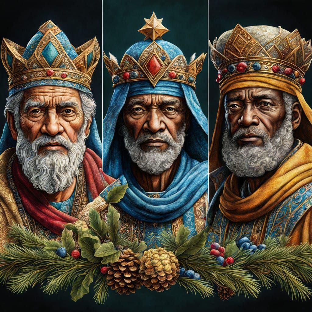 Vintage Biblical Portraits with Pine Branch Border - AI Art