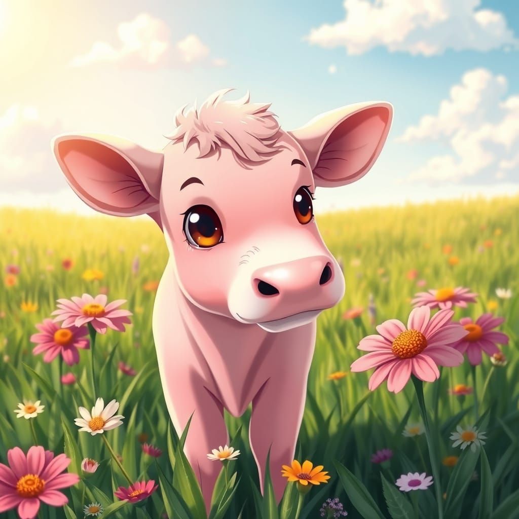 Pink baby cow - Pastel Pink Cow in Vibrant Meadow