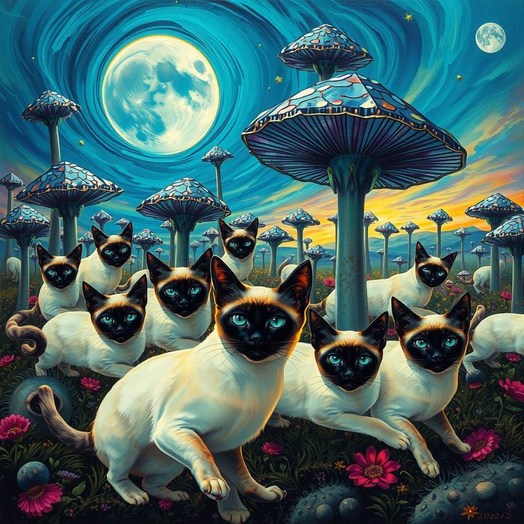 A swarm of Siamese cats, their fur a mesmerizing mosaic of creamy ...