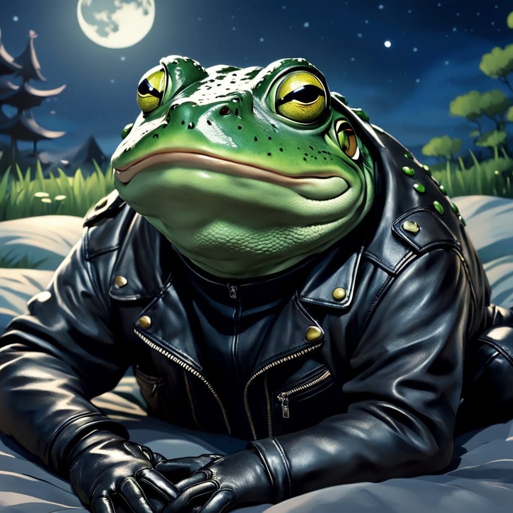 Bullfrog Biker: Studio Ghibli Dreamscape in Moonli... - AI Art
