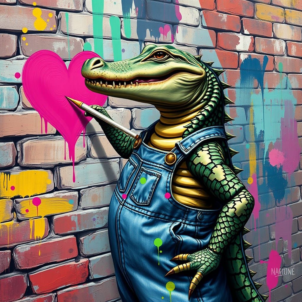 Alligator Artist Paints Vibrant Pink Heart on Urba... - AI Art