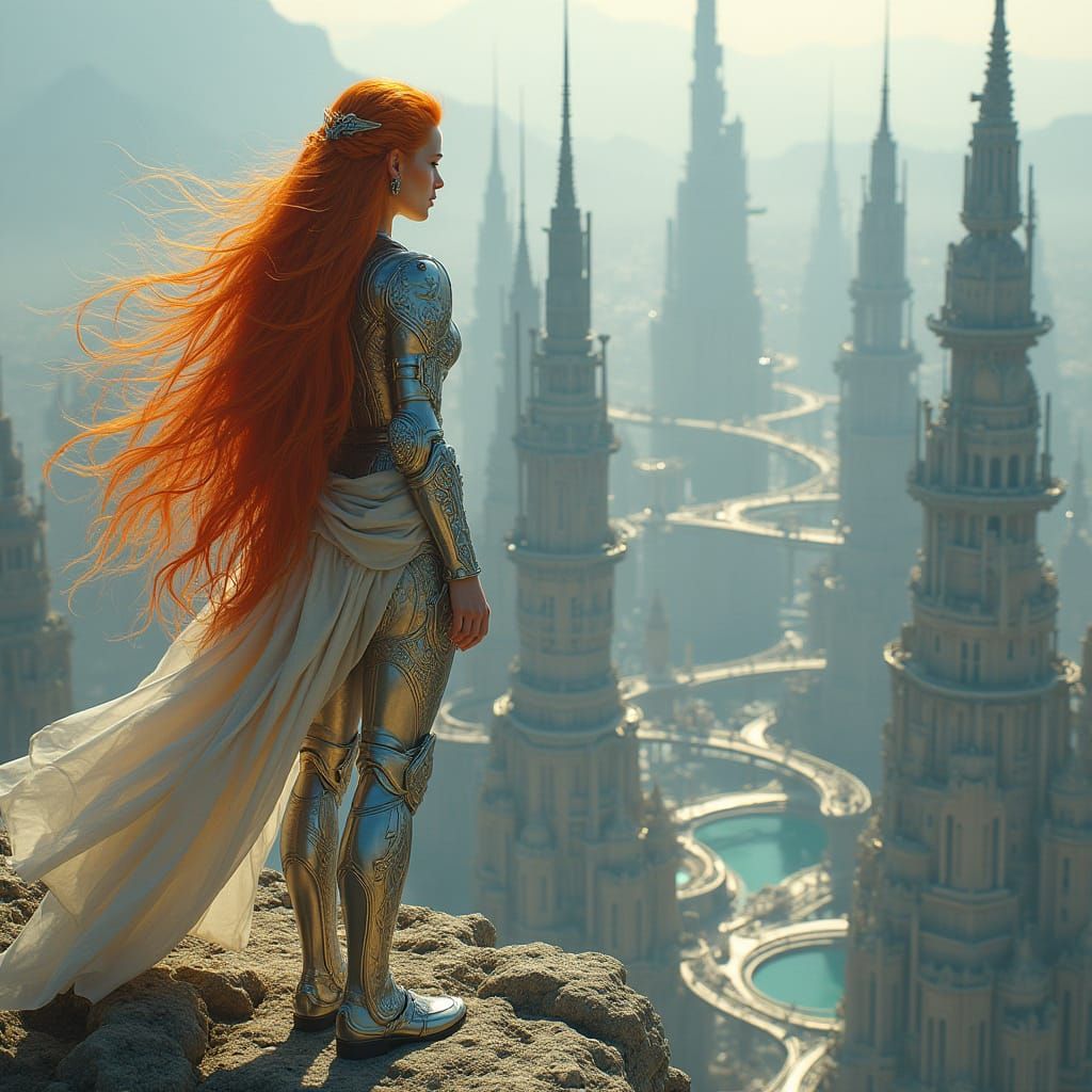 Fiery-Haired Valkyrie Warrior Dominates Solarpunk ... - AI Art