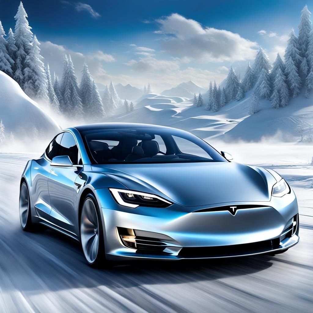 " Tesla gliding through a frozen landscape, its glistening silver body ...