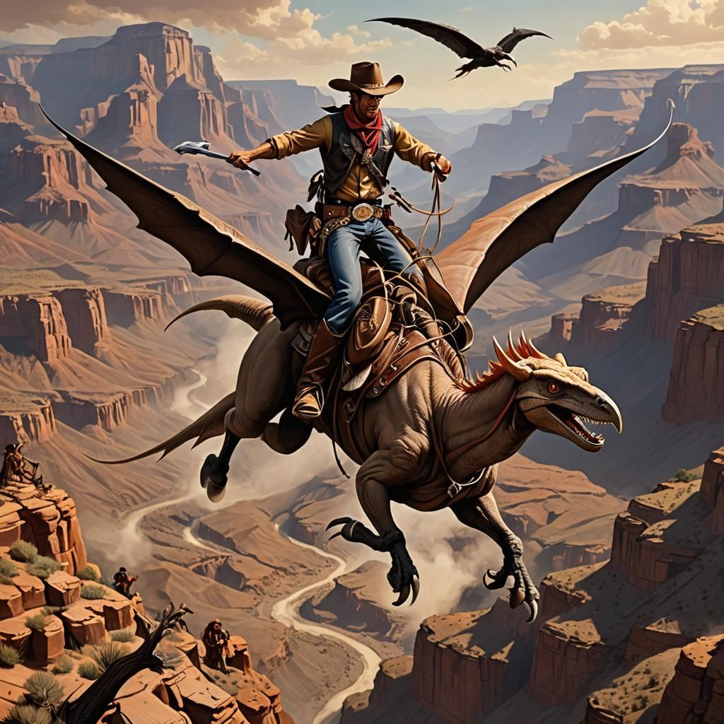 Wacky historical photo of Cowboy Riding a Pterodactyl - AI Generated ...