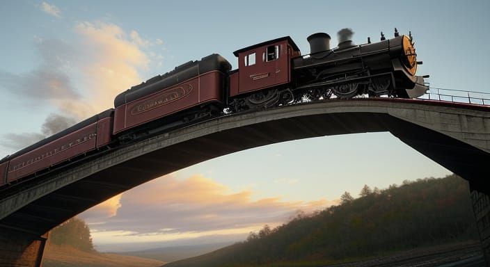 Crimson Steam Locomotive Drives Over Curved Bridge... - AI Art