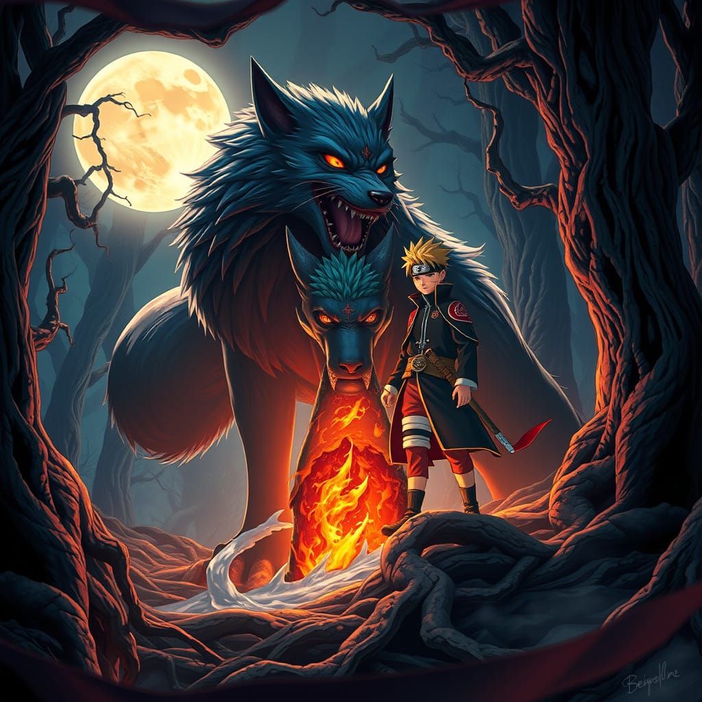 Naruto and Boruto Stand Beside Majestic Nine-Taile... - AI Art