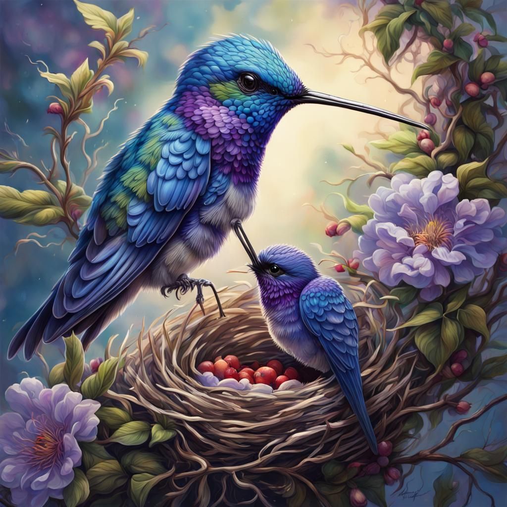 Hyperrealistic anime-style_adorable blue and purple hummingbird in a ...