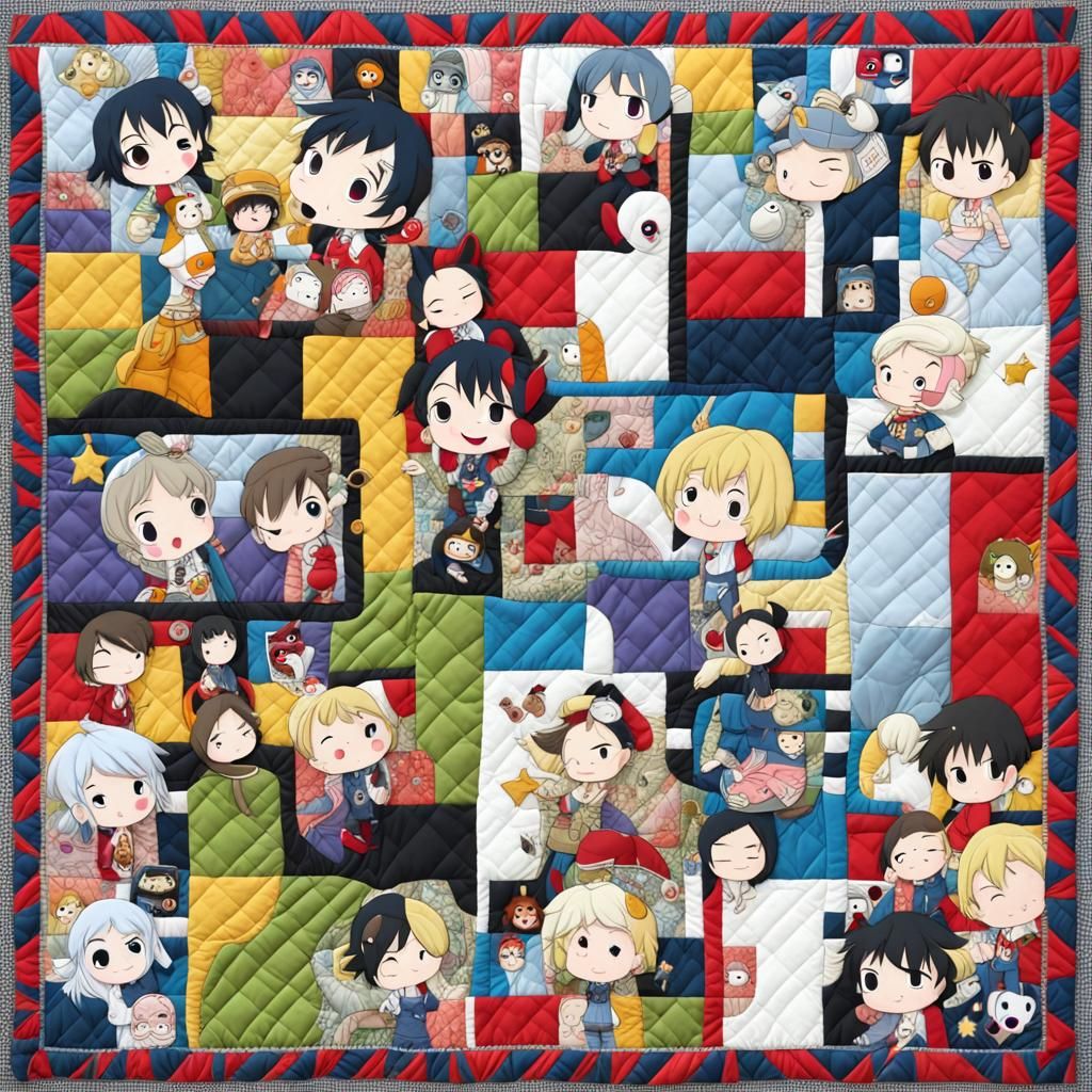 delightful anime style quilt cute anime characters sewn into quilt - AI ...
