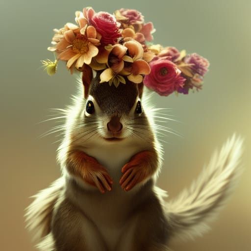 Smiling squirrel with a flower hat - AI Generated Artwork - NightCafe Creator