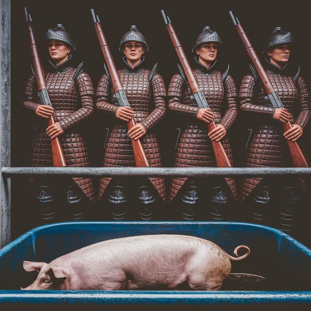 Colossal Female Guards in Leather Armor Watch Over... - AI Art