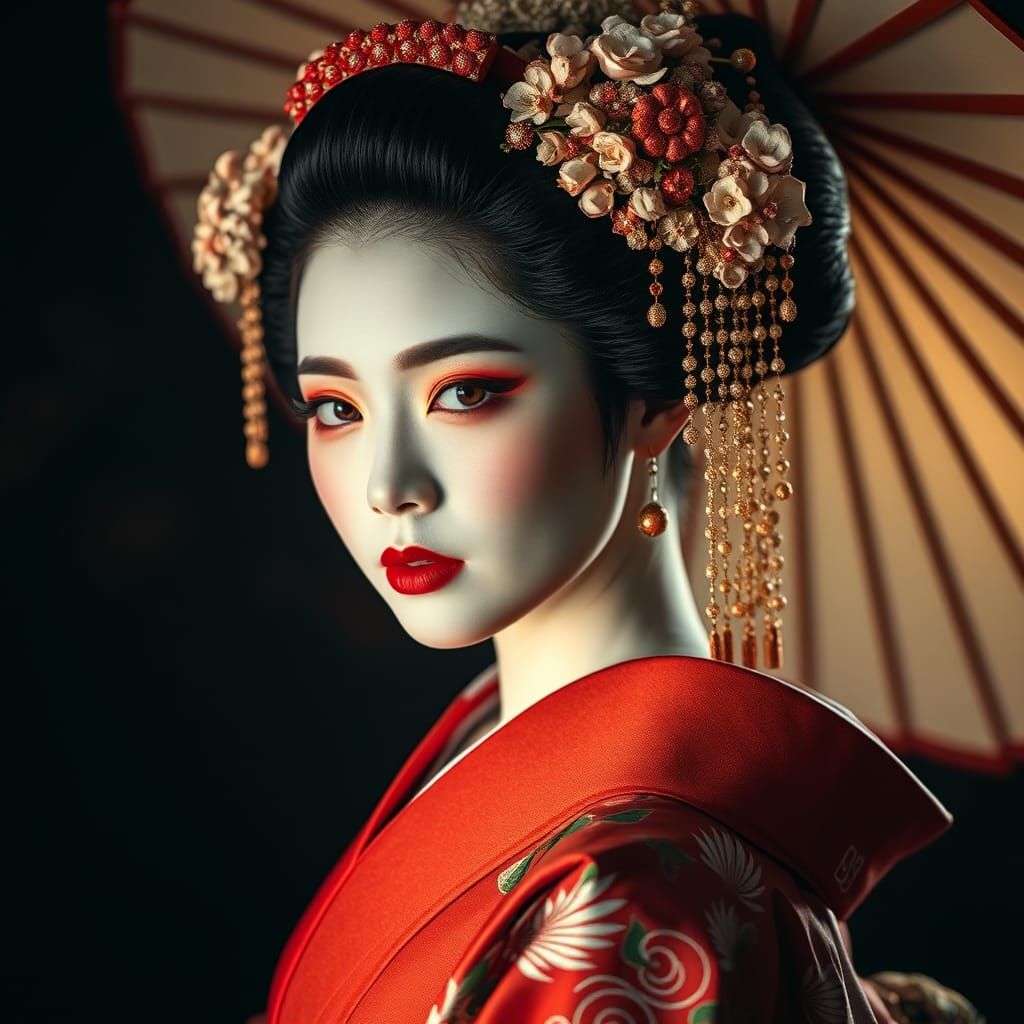 Geisha Lady - Ethereal Geisha Portrait in Dramatic Lighting